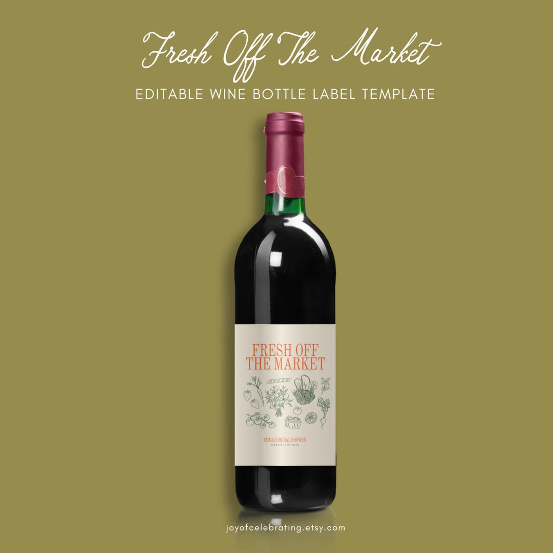 Emma | Wine Bottle Label for Farmers Market Bridal Shower, Template ...