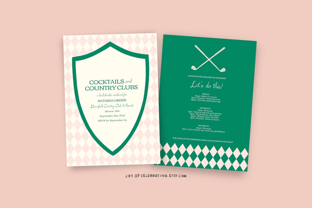 Cocktails and Country Clubs Bachelorette Party Invite, Sophisticated ...