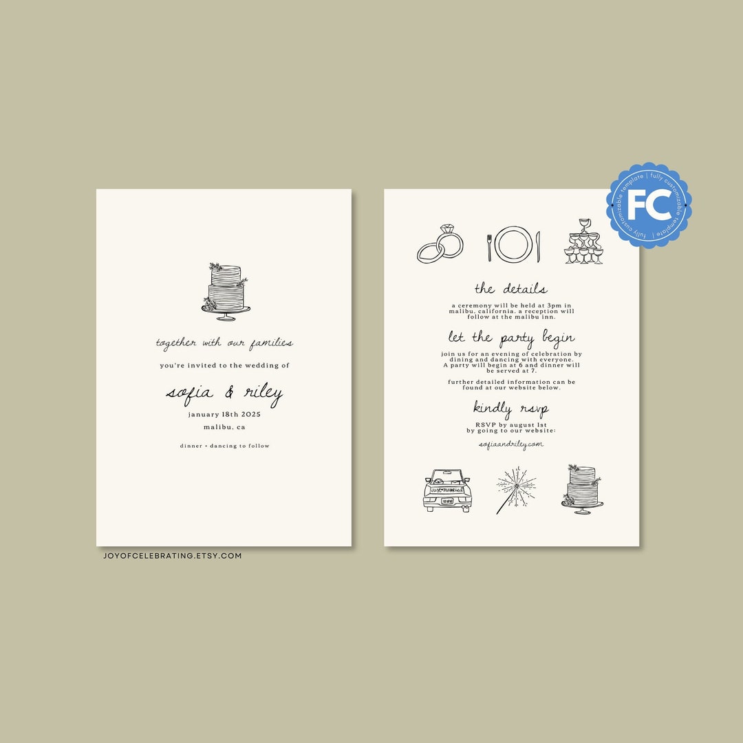 Sofia | Double Sided 5x7 Hand Drawn Wedding Invitation and Details Card, Fully Customizable ...