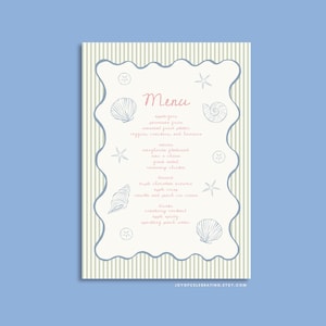 Lola | Coastal Menu Template, Hand Drawn Seashells Coastal Themed Party ...