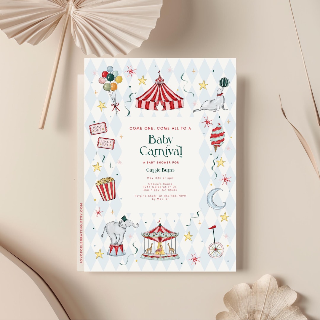 Cassie | Baby Circus Carnival Baby Shower Invitation Template, Blue ...