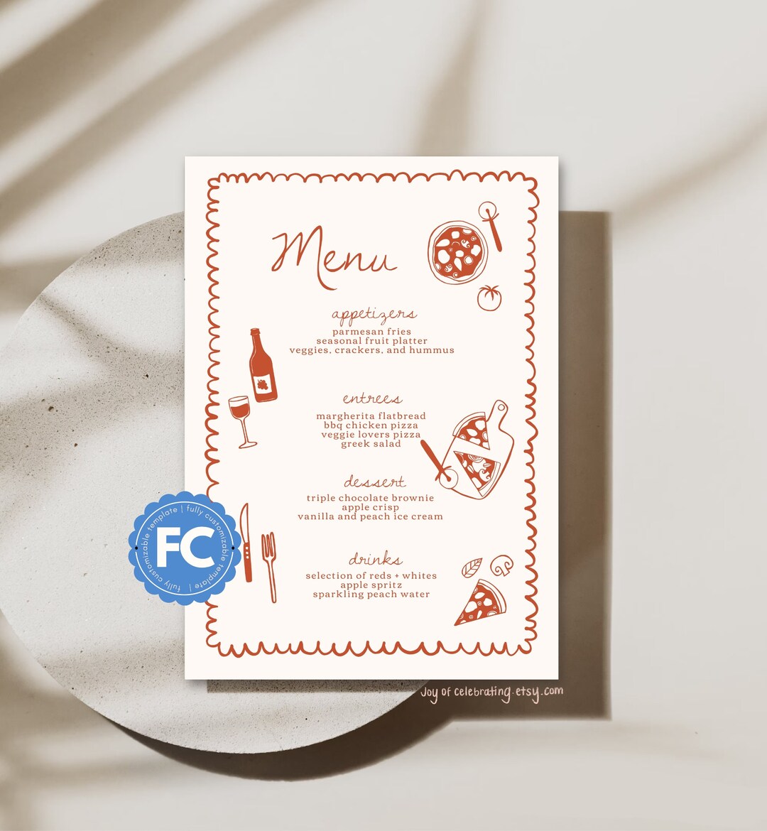 CHIARA | Hand Drawn Doodle Pizza Party Table Menu, Red and Cream ...