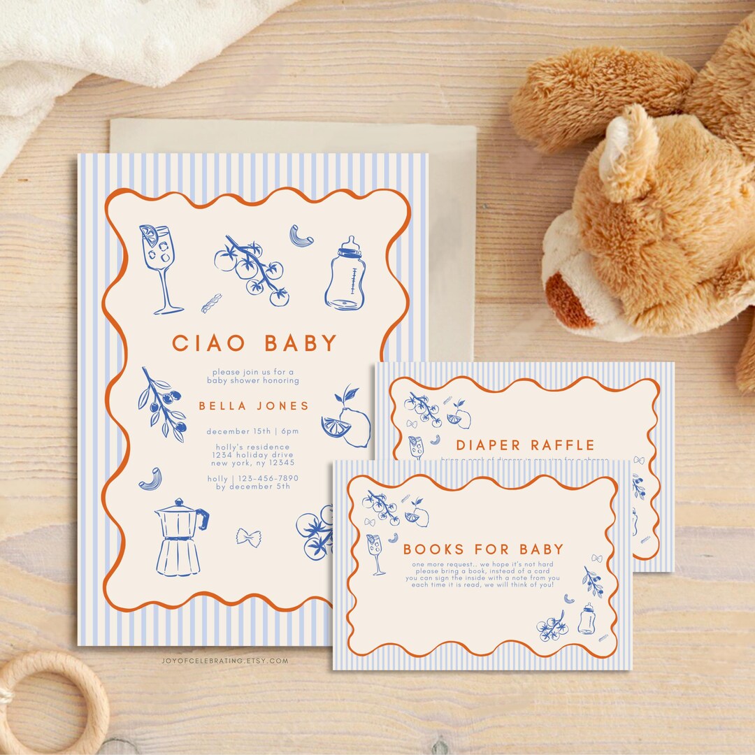 Bella | Ciao Bambino Baby Shower Invitation Set Template, Hand Drawn ...