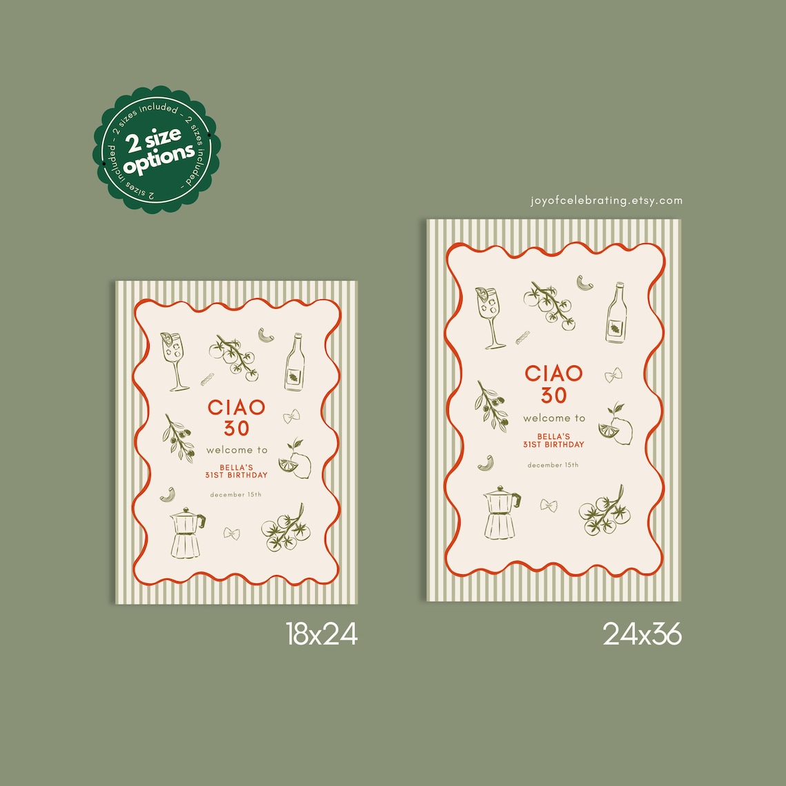 Bella | Green and Red Ciao Birthday Welcome Sign Template, Hand Drawn ...