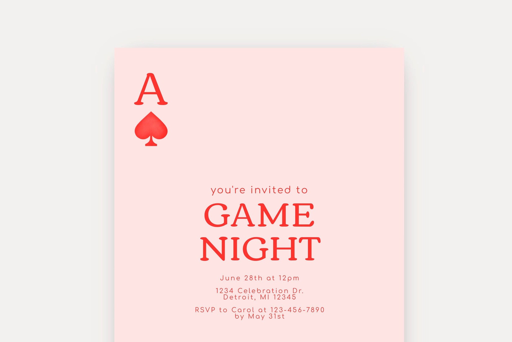 Game Night Minimalist Pink Playing Card Game Night Invitation, Card ...