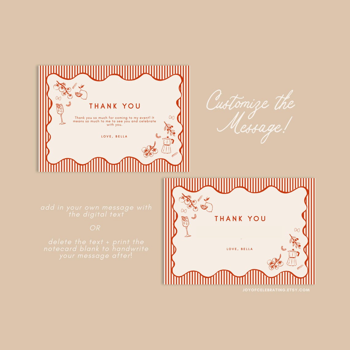 Bella | Red Italian Art Thank You Notecard Template, Hand Drawn Italian ...