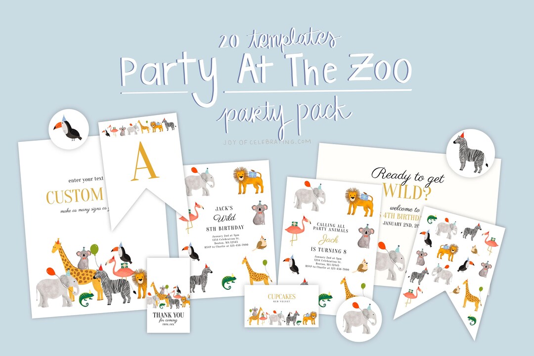 Party at the Zoo | Editable Party Pack Templates for Invitation, Gift ...