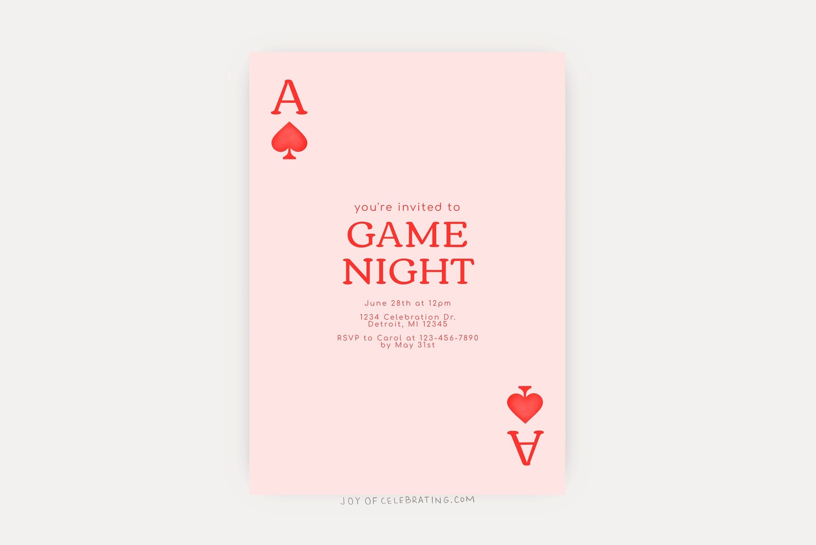 Game Night Minimalist Pink Playing Card Game Night Invitation, Card ...