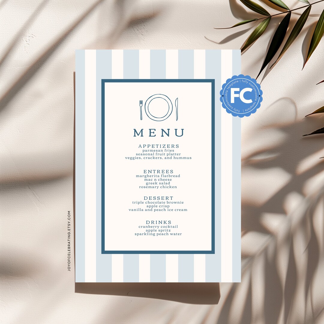 Cloud Stripe | Dinner Party Table Menu With Doodle, Blue and White ...