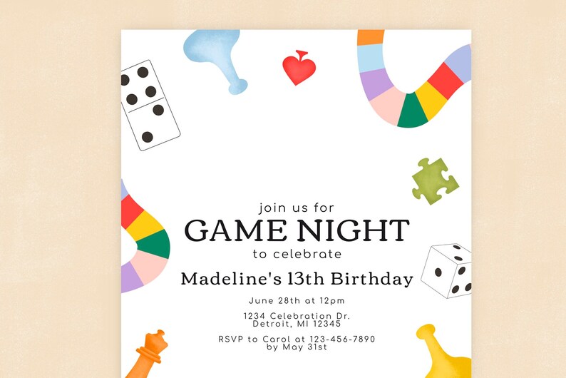 Game Night | Fun Game Night Birthday Party Invitation, Board Card Game ...