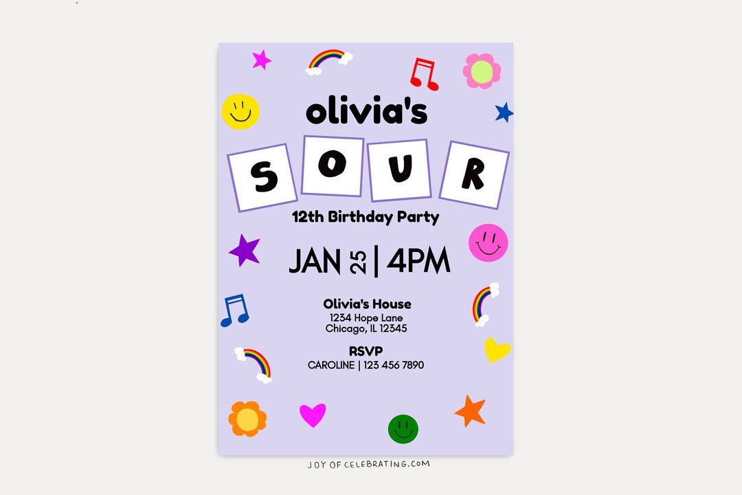 SOUR Themed Birthday Party Purple Sticker Invitation, Olivia Kids Teen ...
