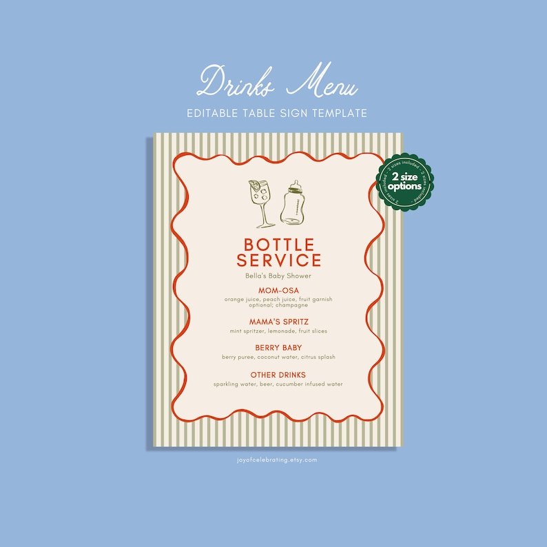 Bella | Baby Shower Bottle Service Bar Menu Template, Fully ...