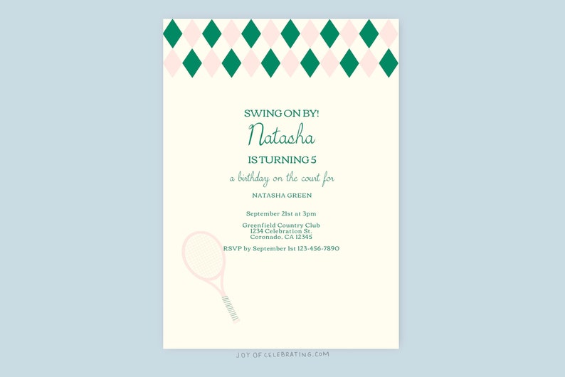 Retro Racquet | Pink Country Club Wimbledon Birthday Party Invite ...