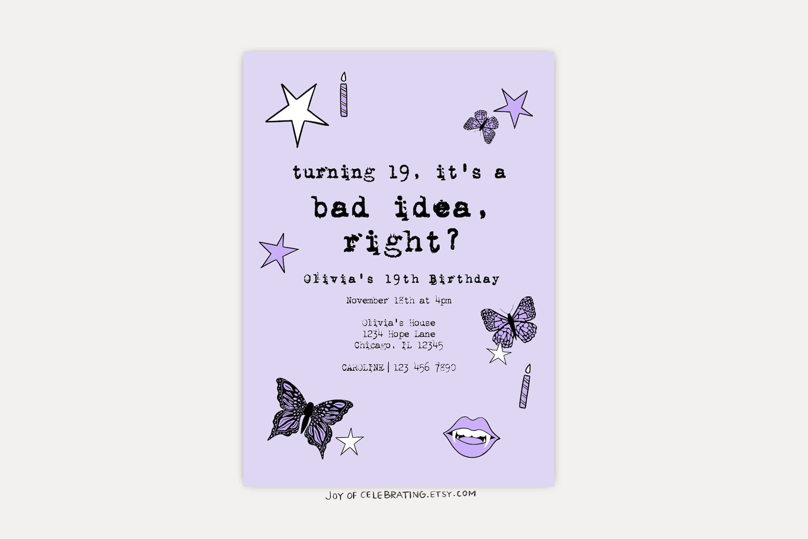 Bad Idea Themed Birthday Party Invitation, Purple Butterfly Sticker ...