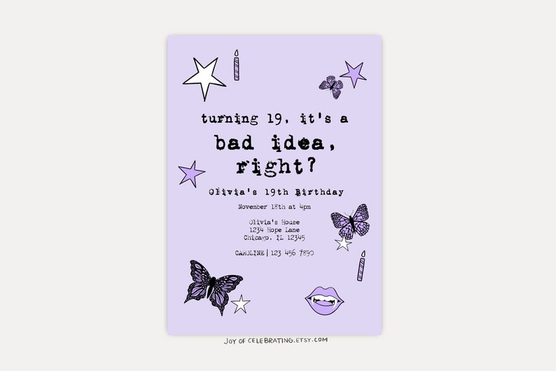 Bad Idea Themed Birthday Party Invitation, Purple Butterfly Sticker ...