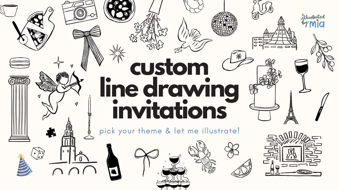 Custom Line Drawing Invitation Design Hand Drawn Illustrated Doodles ...