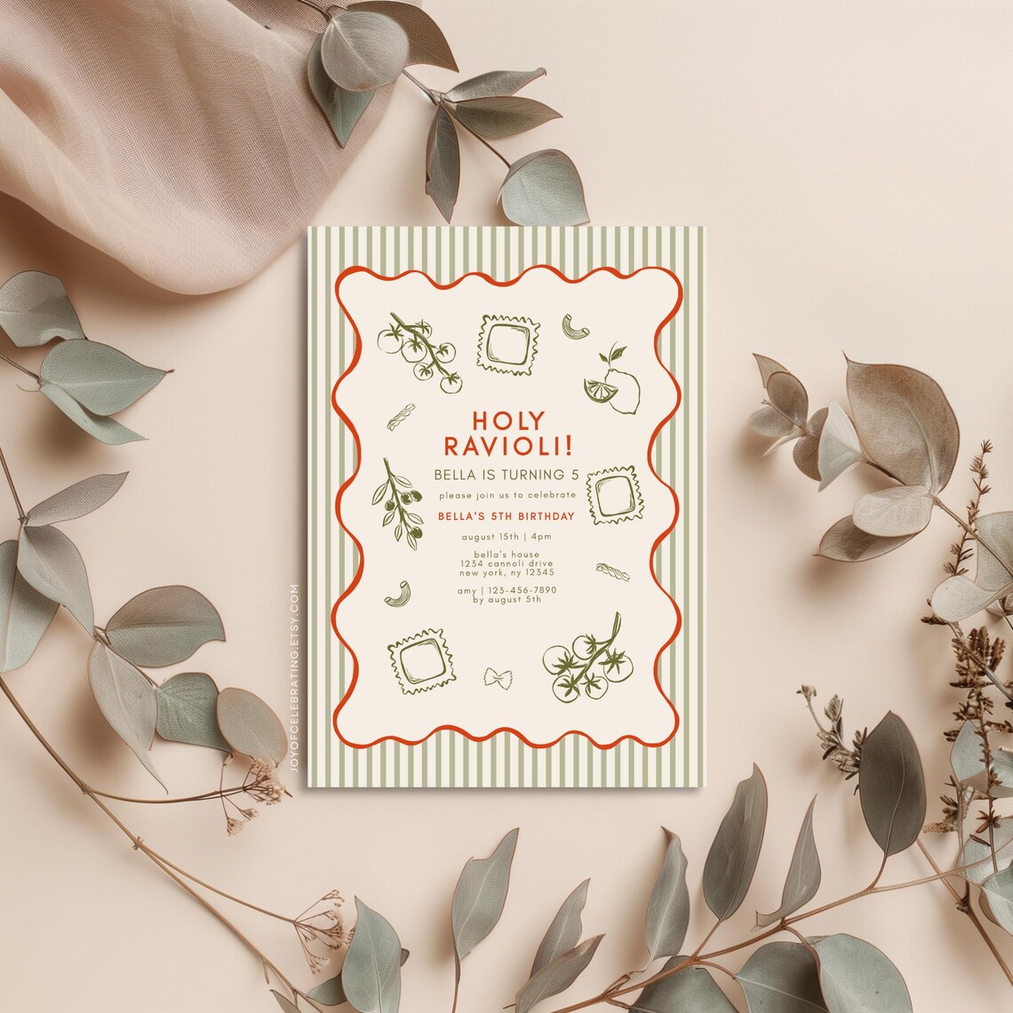Bella | Holy Ravioli Birthday Invitation Template, Green and Red, Hand ...