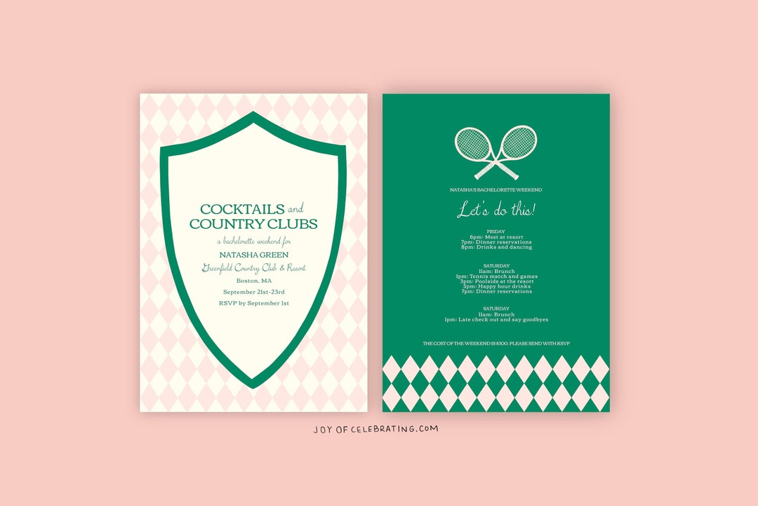 Retro Racquet | Cocktails and Country Clubs Bachelorette Party Invite ...
