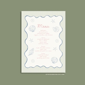 Lola | Coastal Menu Template, Hand Drawn Seashells Coastal Themed Party ...