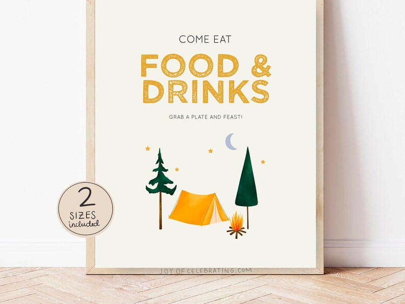 Camp Party | Food & Drinks Camping Party Table Sign, 5x7 8x10 Editable ...