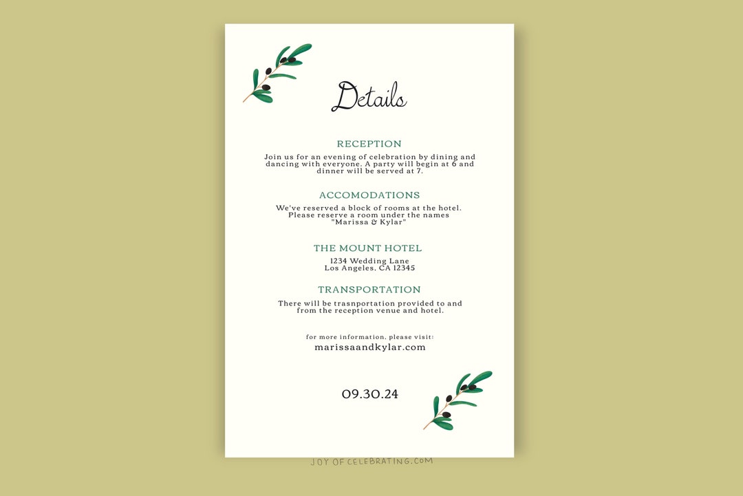 Italian Frolic Beautiful Minimalist Wedding Details Card, Handwritten ...