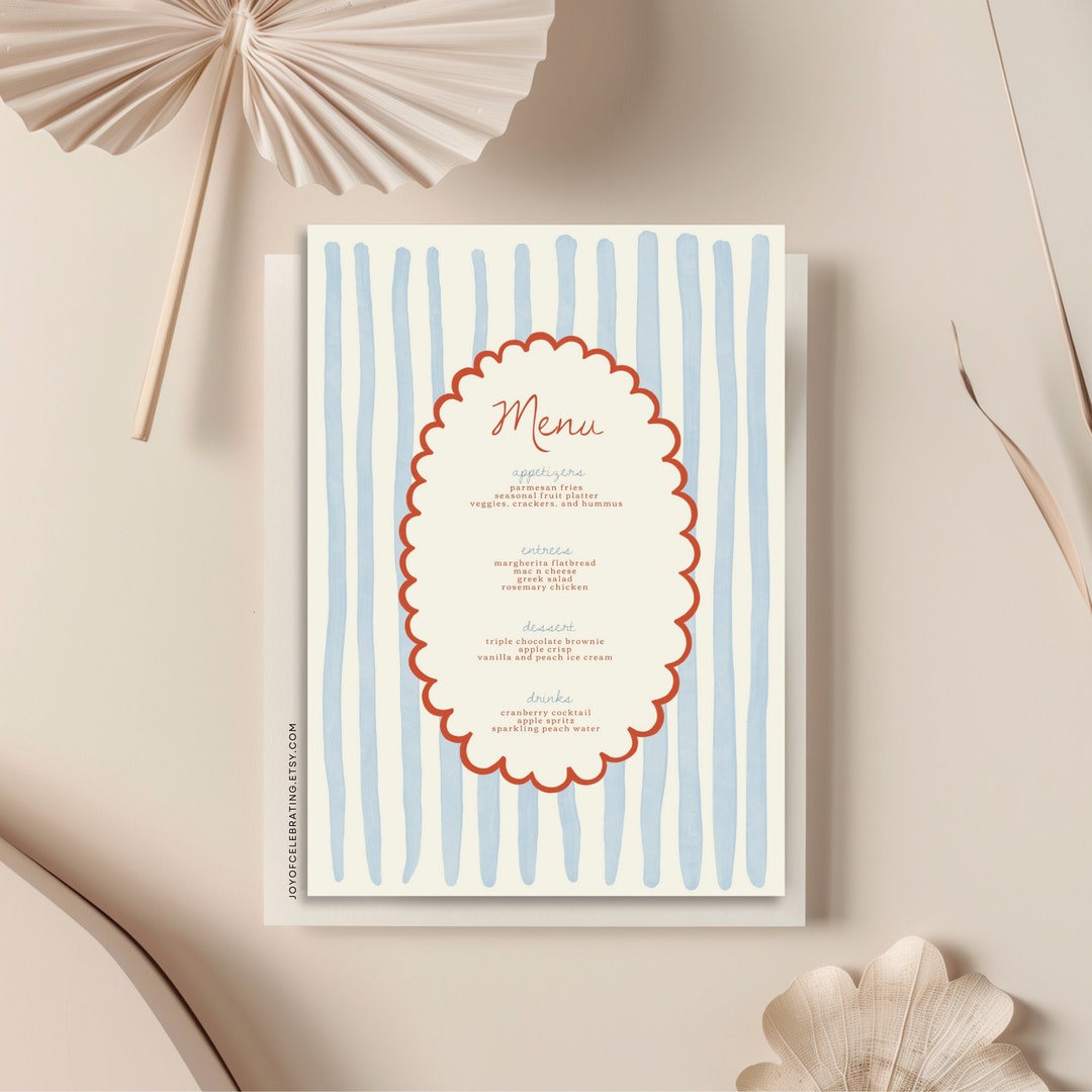 Clara | Sweet Vintage Framed Striped Party Menu Template, Blue and Red ...
