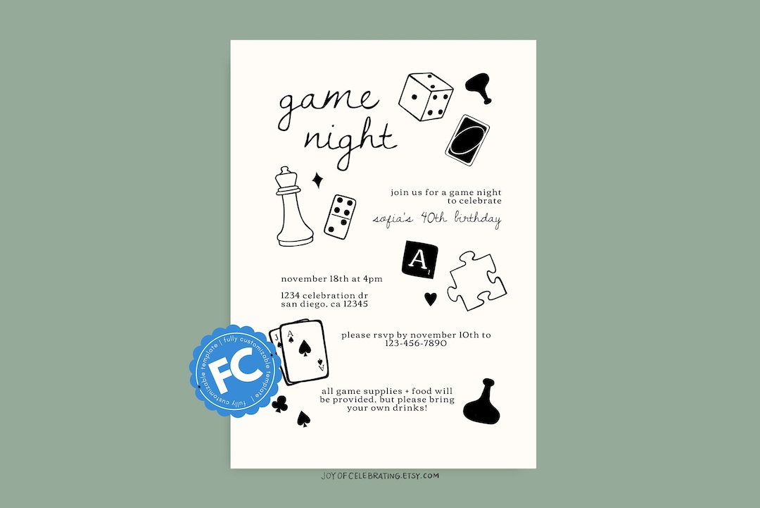 Game Night | Minimalist Fully Customizable Game Board Night Invitation ...