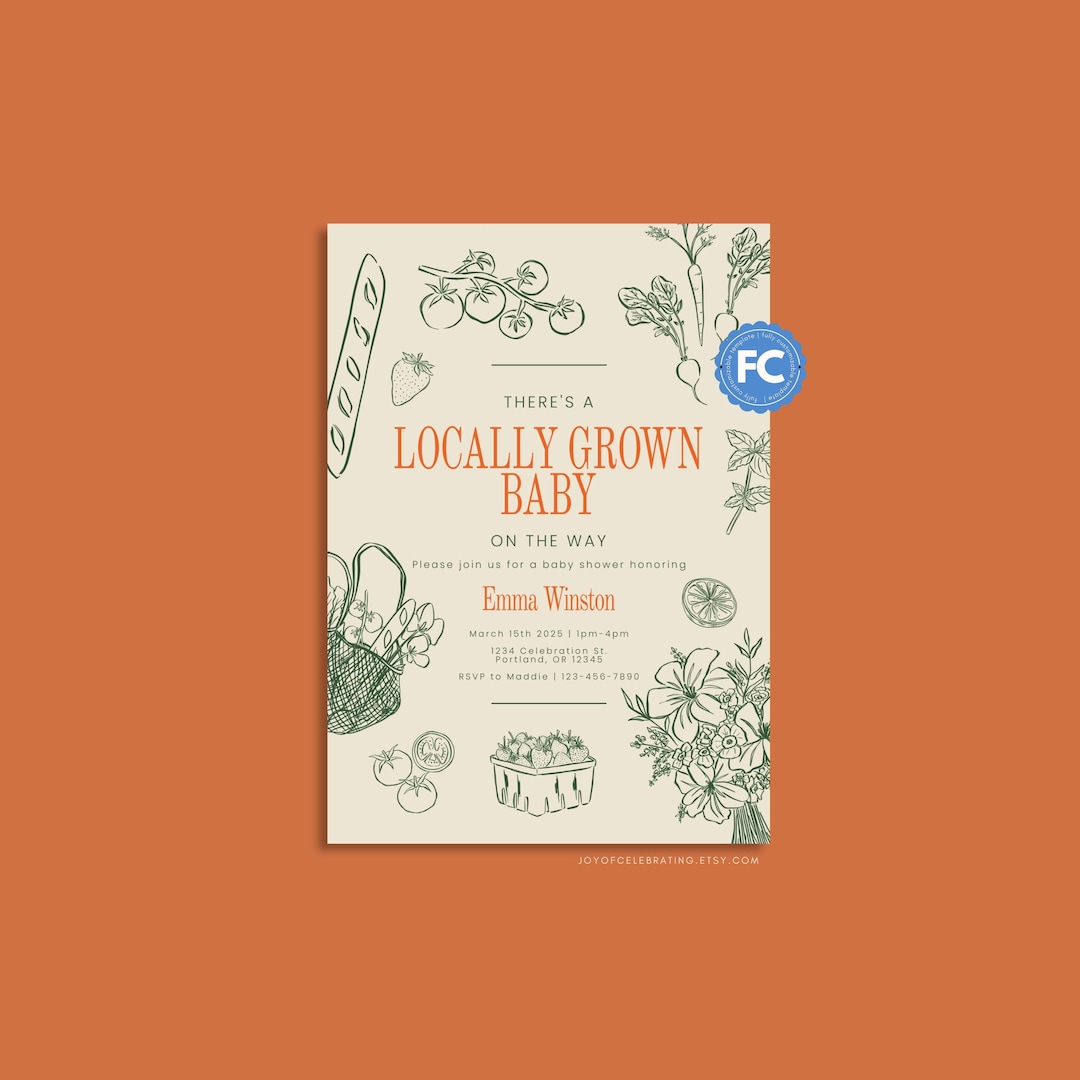 Emma | Locally Grown Baby Shower Invitation Template, Fully ...