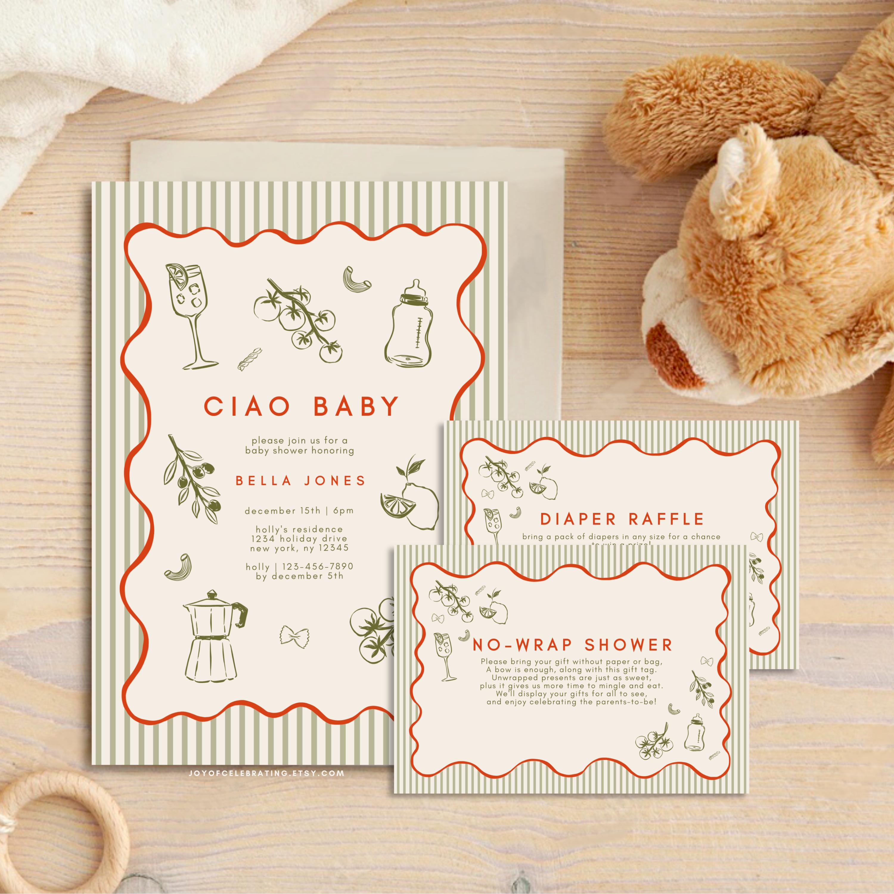 Bella | Green Red Ciao Bambino Baby Shower Invite Set Template, Fully ...