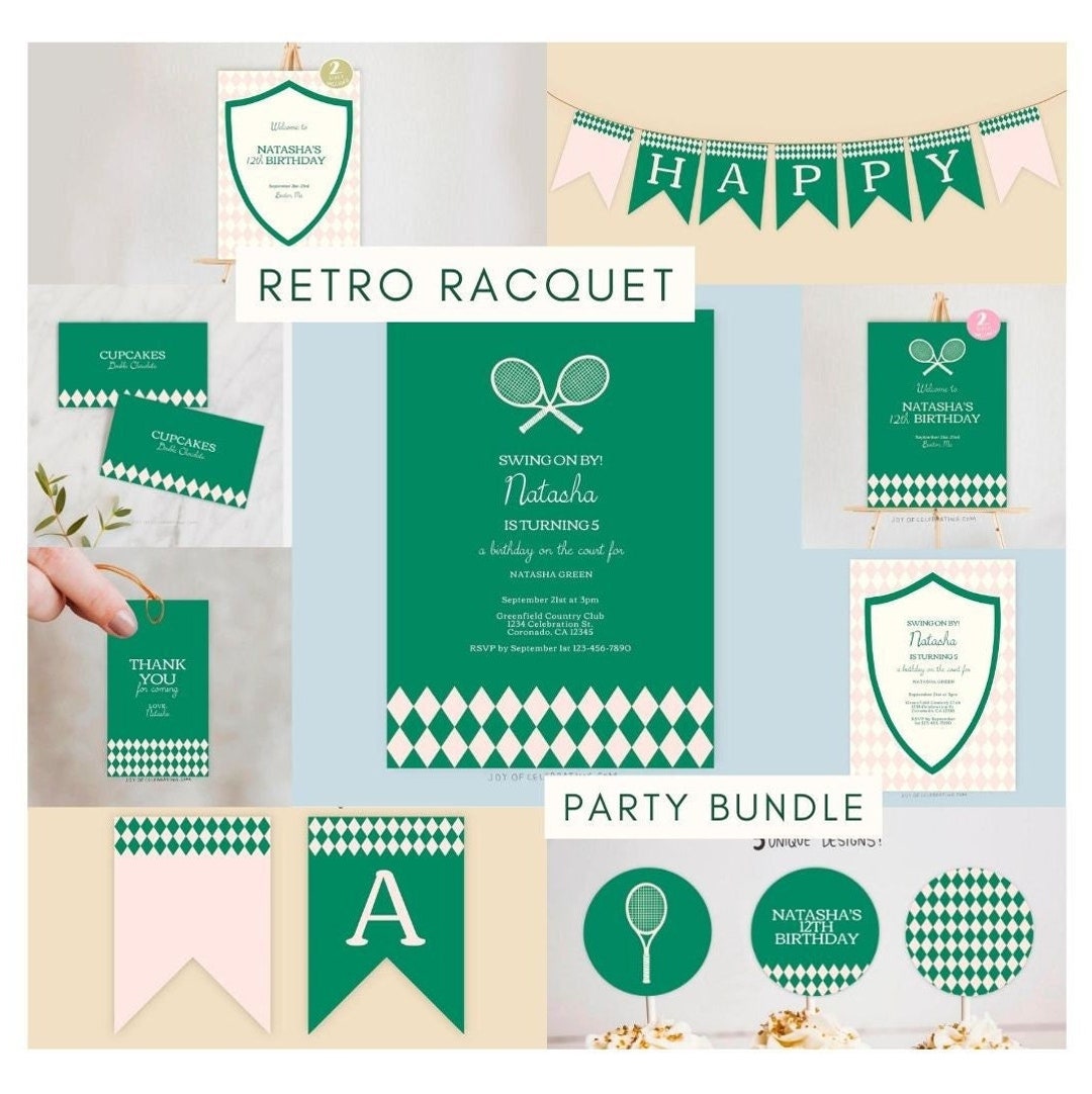 Retro Racquet | 11 Themed Party Templates Bundle, Green and Pink Retro ...