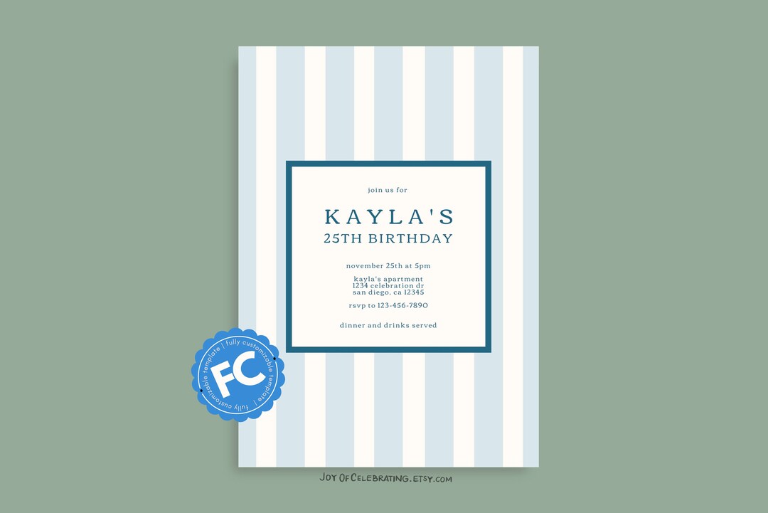 Cloud Stripe Fully Customizable Blue and White Party Invitation, Summer ...