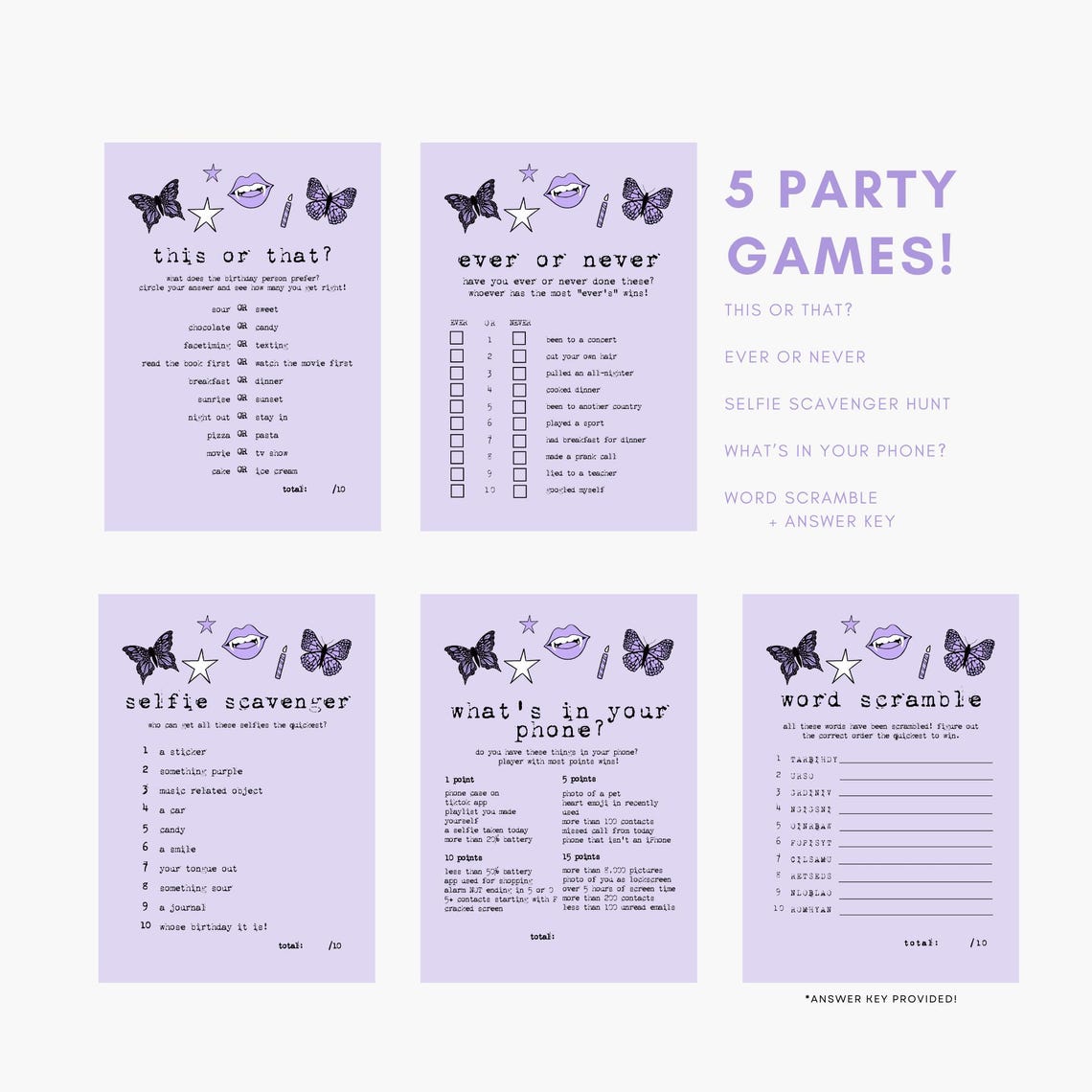 Music Themed Birthday Party Game Pack, Purple Butterfly Sticker Teen ...