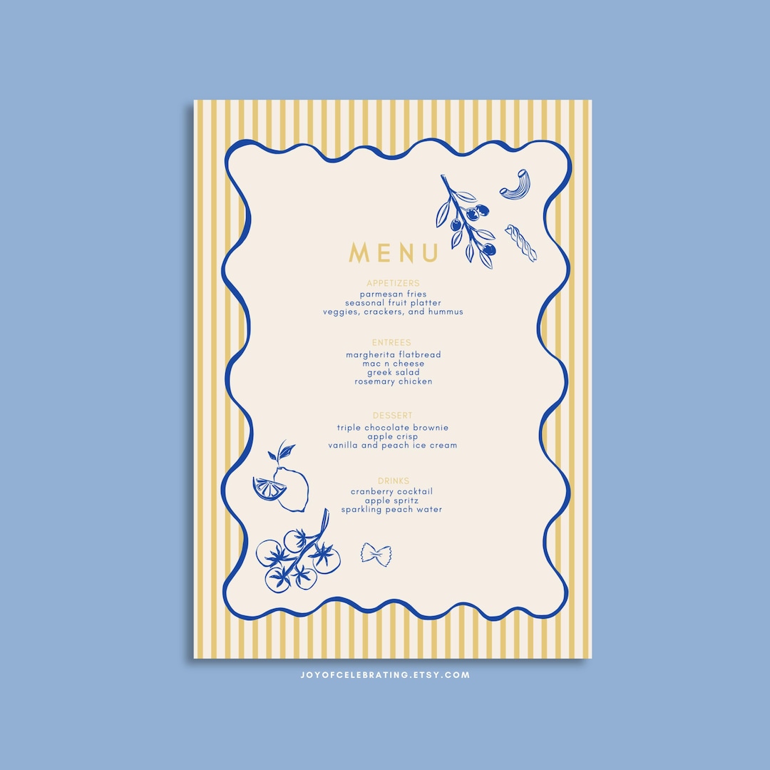 Bella | Italian Stripes Menu Template in Yellow and Blue, Hand Drawn ...