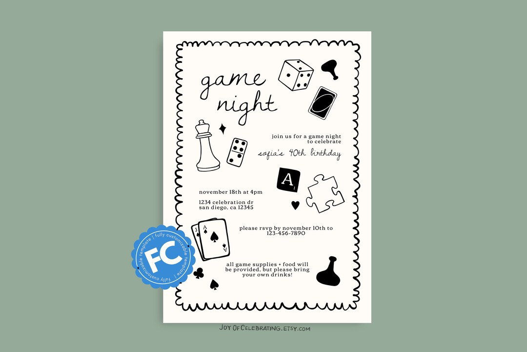 Game Night | Minimalist Fully Customizable Game Board Night Invitation ...