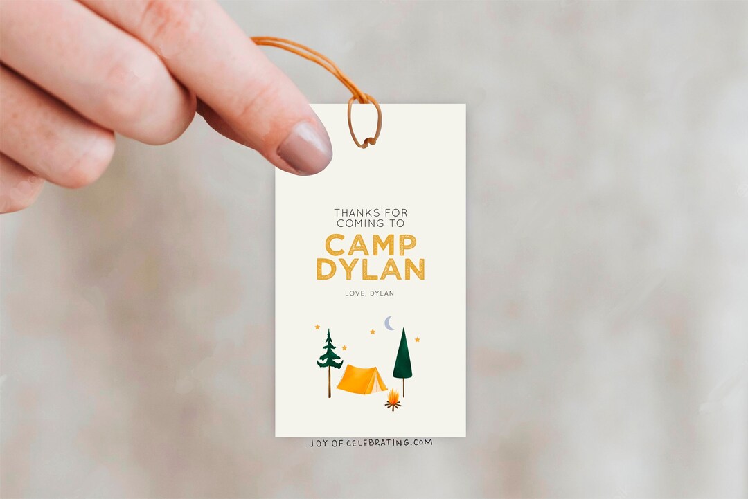 Camp Party Editable Gift Tags Template for Minimalist Mountain Camping ...