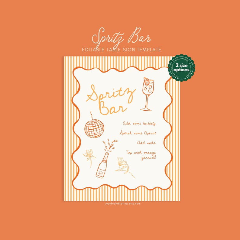 Pia | Spritz Bar Table Sign Template, Hand Drawn Spritz Hens, Bridal ...