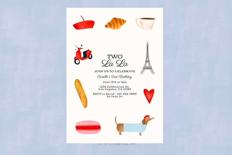 Party La La | Two La La Paris Themed 2nd Birthday Invitation, Modern ...