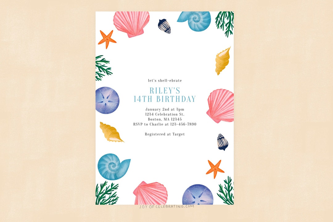 Shellebrate Let's Shellebrate Summer Seashell Birthday Invitation ...
