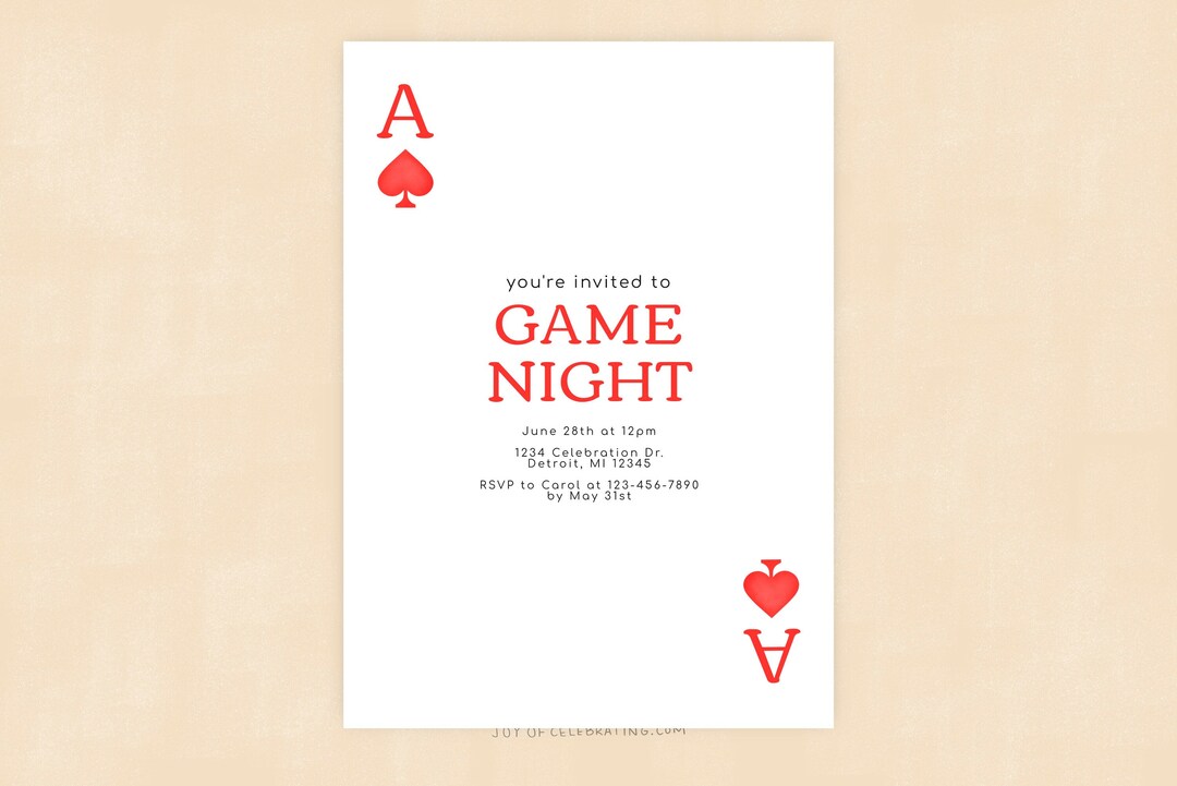 Game Night Minimalist Playing Card Game Night Invitation, Card Game ...