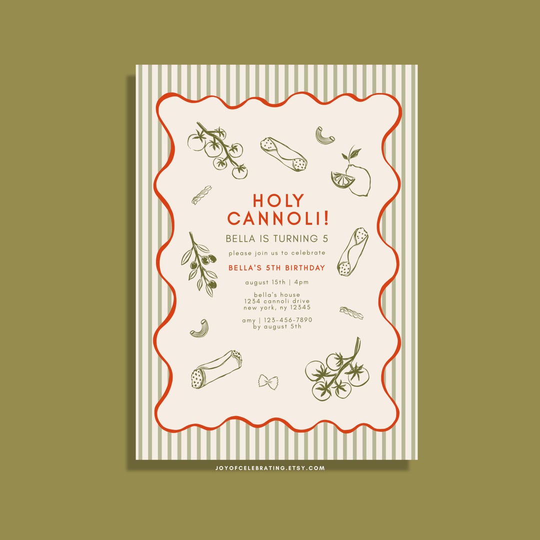 Bella | Holy Cannoli Green Red Birthday Invitation Template, Hand Drawn ...