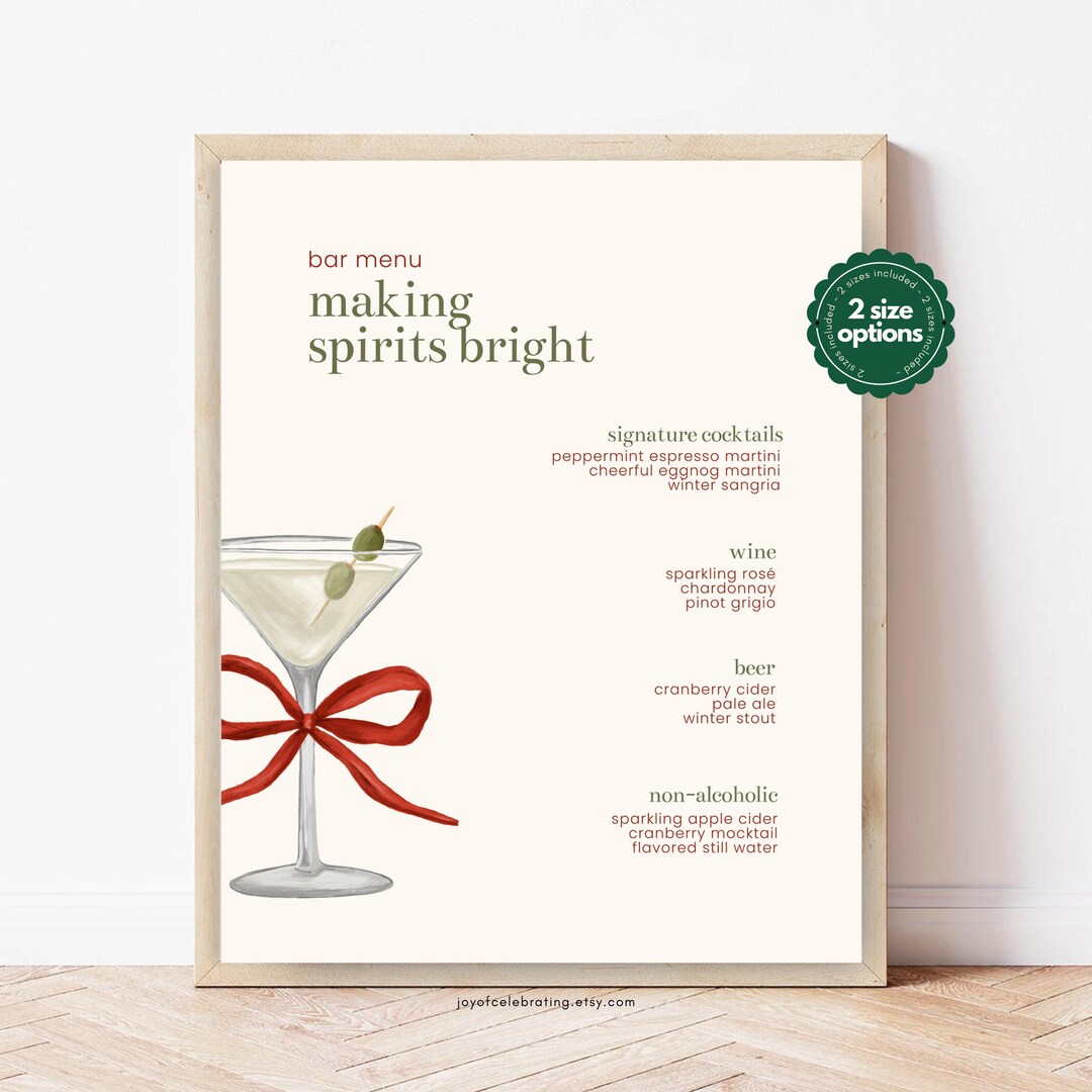 Minimalist Holiday Cocktail Bar Menu With Martini Bow Doodle, Christmas ...