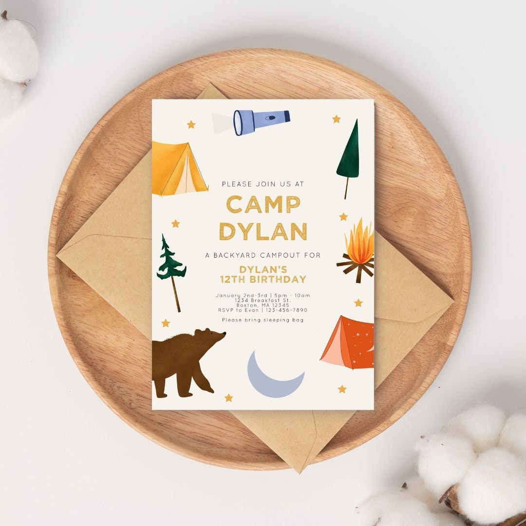 Camp Party | Camping Mountain Nature Themed Birthday Party Invitation ...