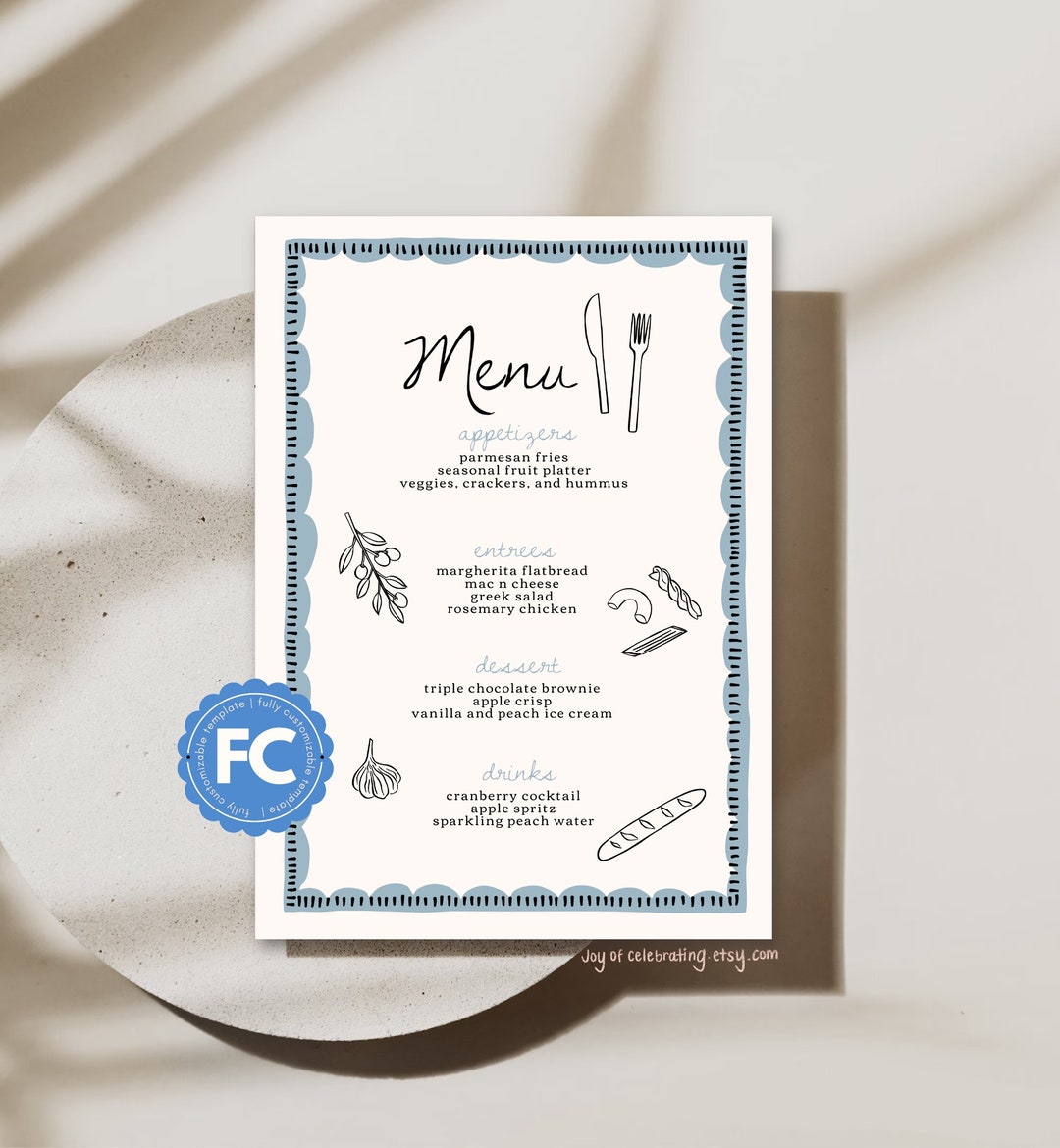 Madi | Fully Customizable Dinner Party Table Menu With Food Icons, Blue ...