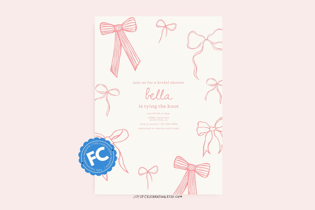 BEAU | Tying the Knot Pink Bow Themed Bridal Shower Invite, Handwritten ...