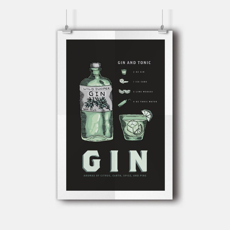 Gin Print Gin Lover Gift Cocktail Poster Bar Cart Art - Etsy