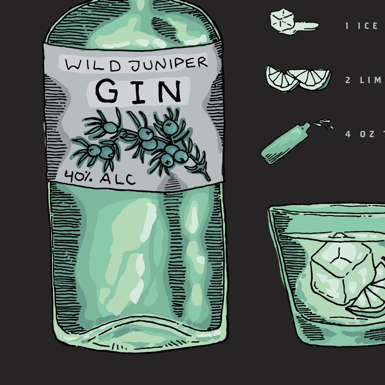 Gin Print Gin Lover Gift Cocktail Poster Bar Cart Art - Etsy