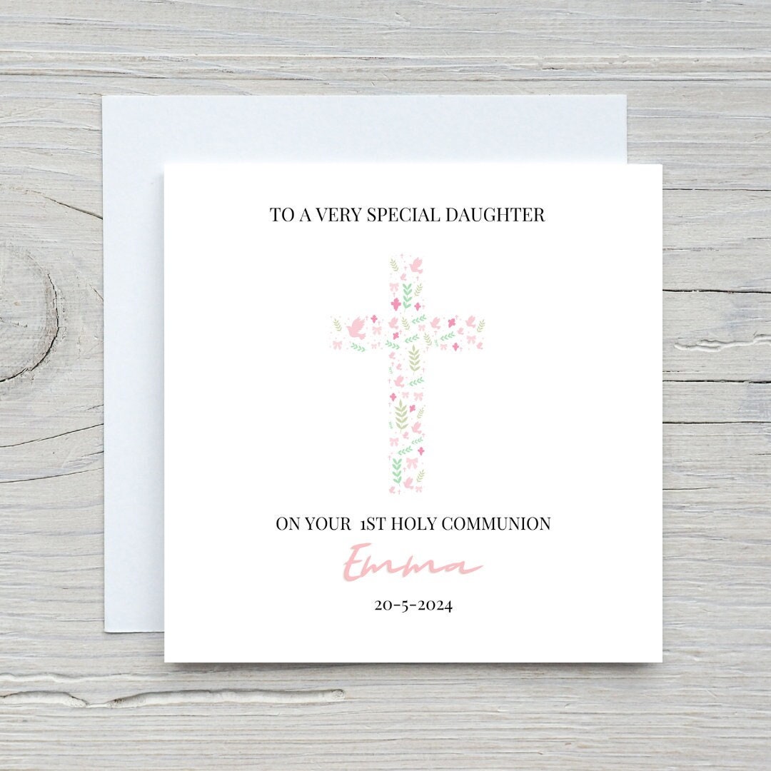 Personalized First Holy Communion Card: Pink Floral Cross. - Etsy