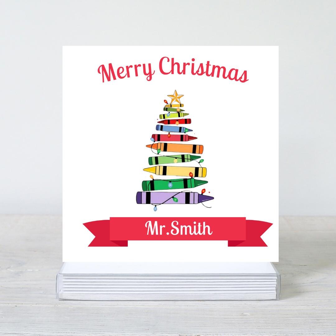 Personalized Christmas Teacher Card: Crayon Tree Design. - Etsy