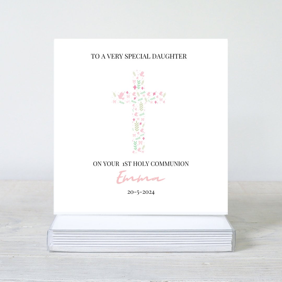 Personalized First Holy Communion Card: Pink Floral Cross. - Etsy