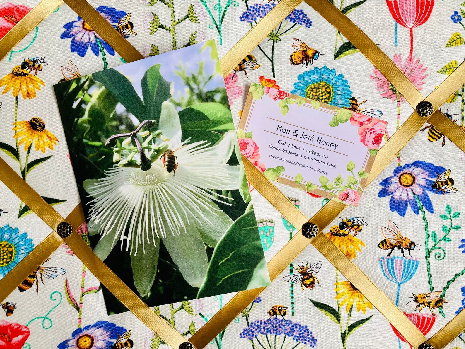 Honeybee Flowers Fabric Noticeboard, Memoboard, Pinboard, Ribbon Board ...